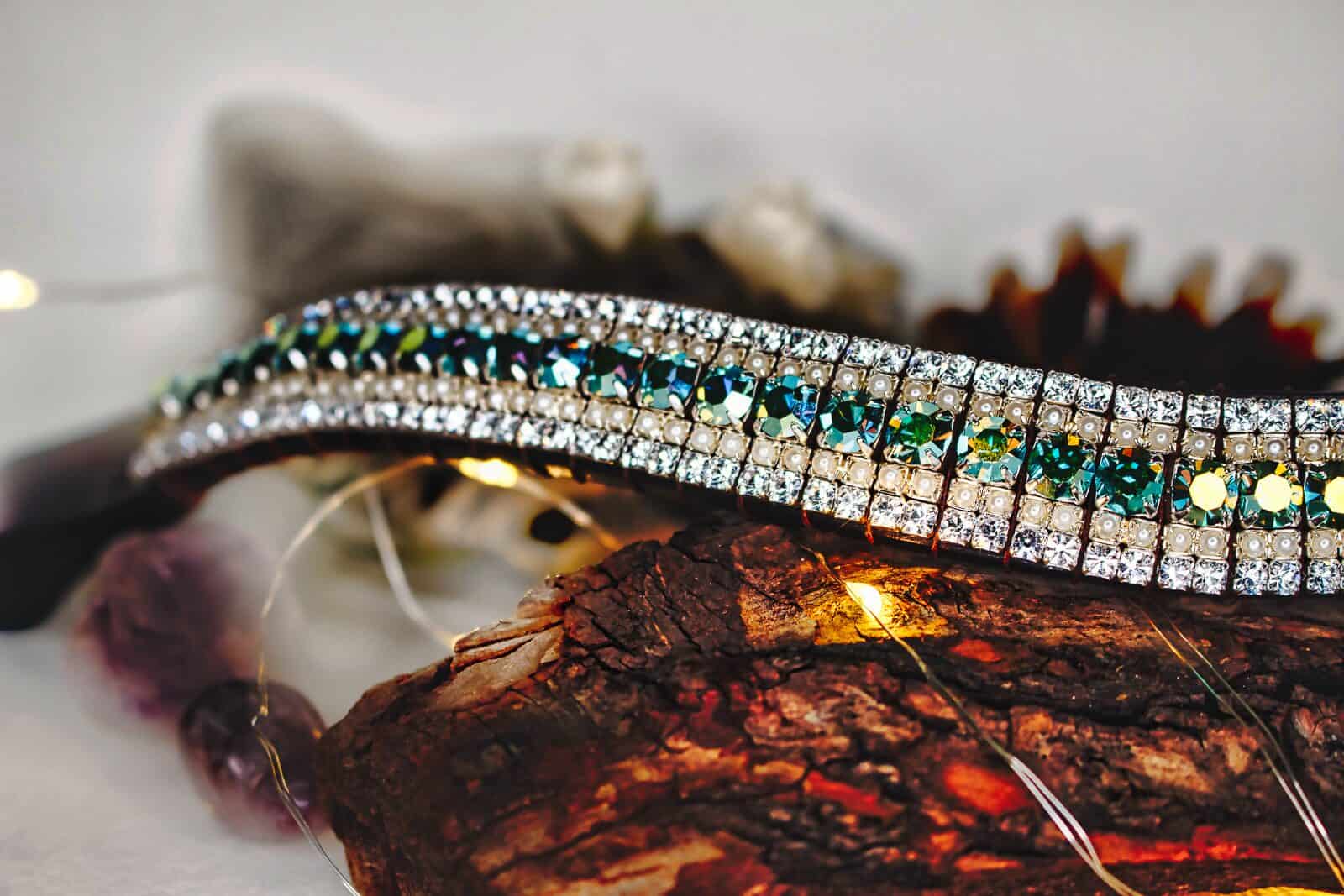 Glittering Peridot: The Iridescent Green Diamante & Pearl Browband - Unicorn Browbands